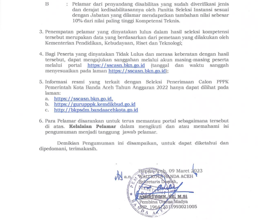 Pengumuman Hasil Seleksi Calon PPPK JF Guru Di Lingkungan Pemko Banda Aceh TA 2022 - Badan ...
