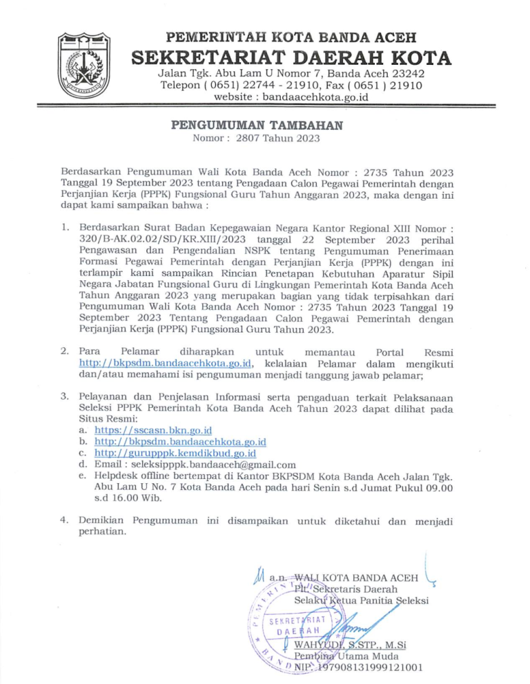 Pengumuman Tambahan Tentang Pengadaan Calon PPPK JF Guru TA. 2023 - Badan Kepegawaian dan ...