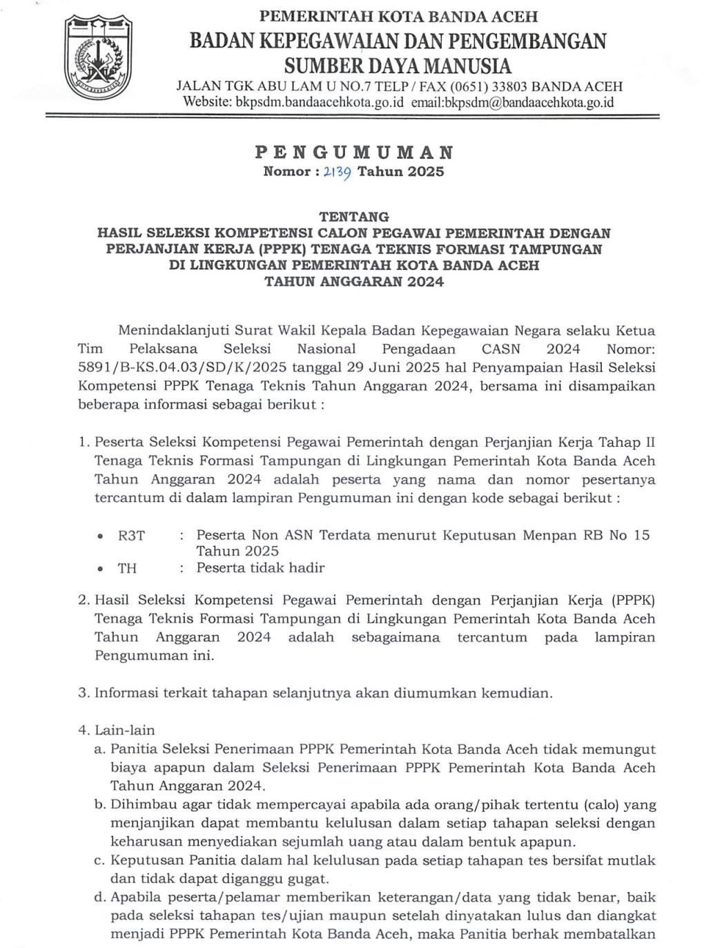 Hasil Seleksi Kompetensi Calon PPPK Tenaga Teknis Formasi Tampungan Pemerintah Kota Banda Aceh ...