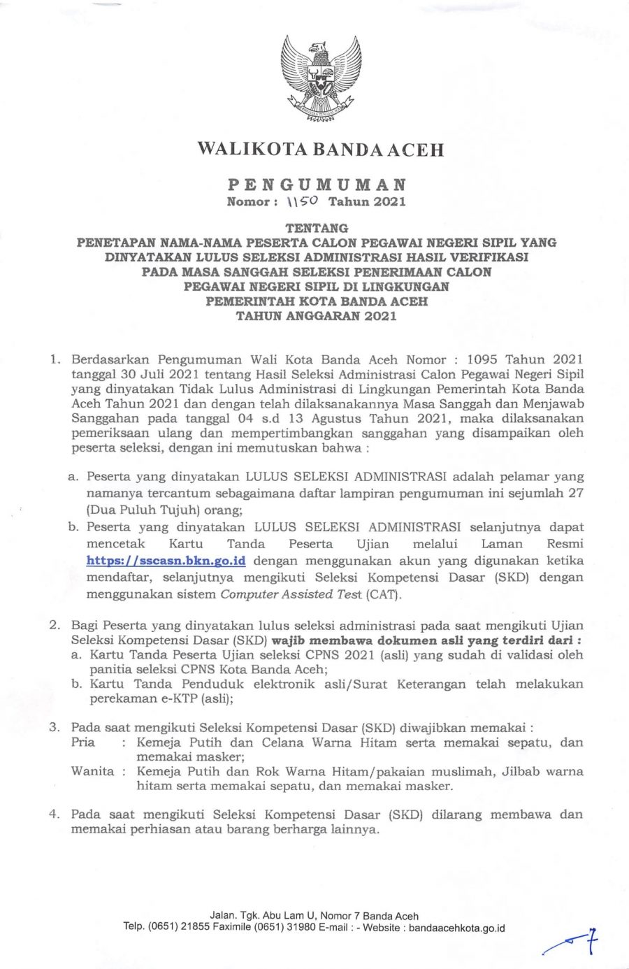 Penetapan Nama Peserta Cpns Formasi Tahun 2021 Yang Dinyatakan Lulus