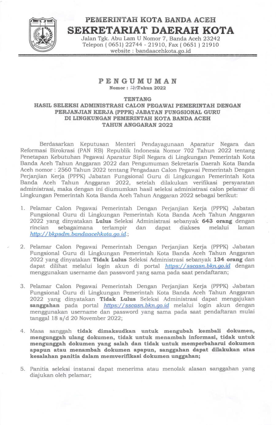 Pengumuman Hasil Seleksi Administrasi Calon Pppk Jf Guru Ta 2022 Pemko