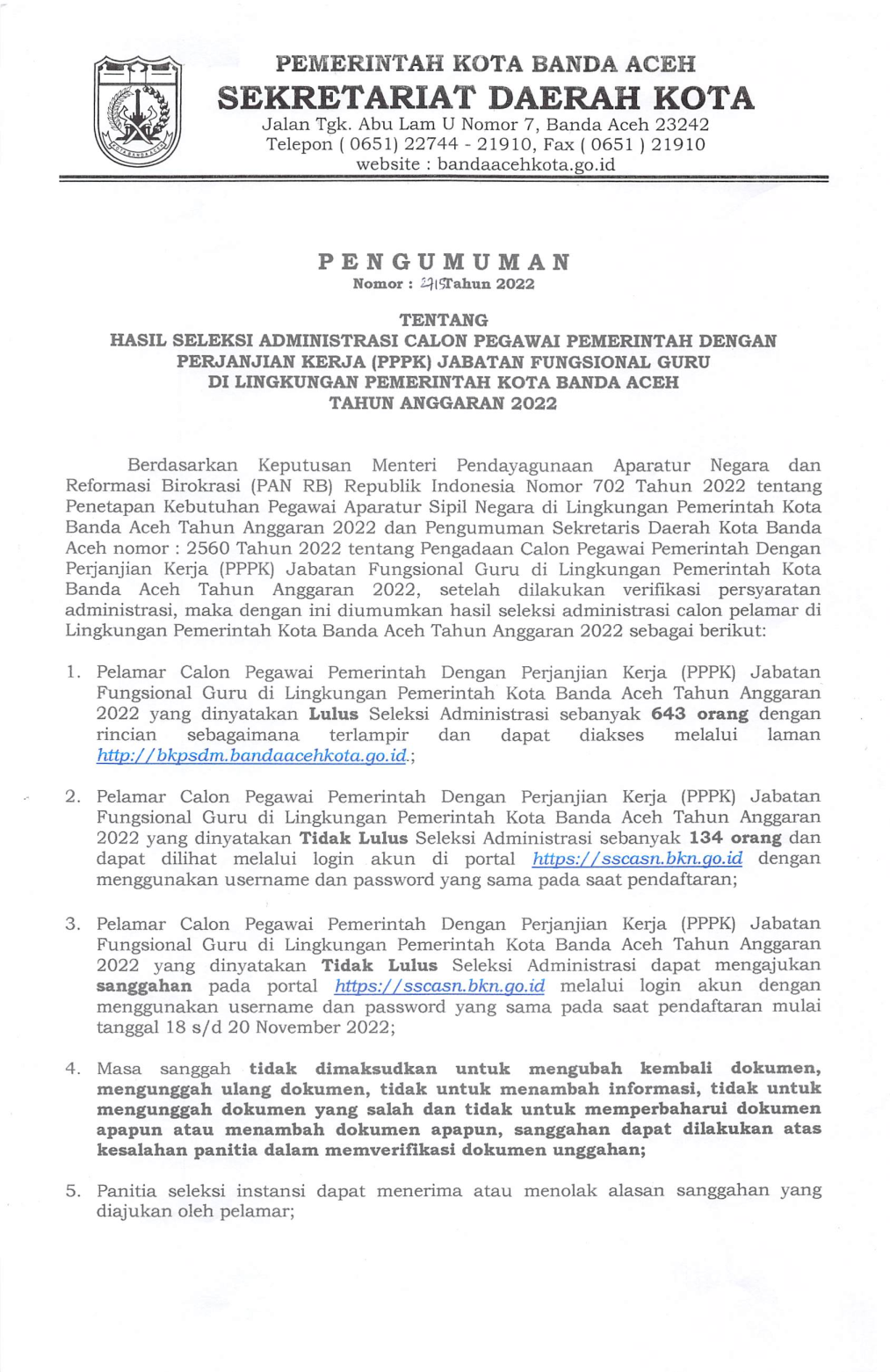 Pengumuman Hasil Seleksi Administrasi Calon PPPK JF Guru TA 2022 Pemko ... Pengumuman Hasil Seleksi Administrasi Calon PPPK JF Guru TA 2022 Pemko ...