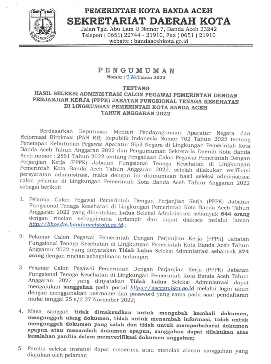 Pengumuman Hasil Seleksi Administrasi Calon Pppk Jf Tenaga Kesehatan Di