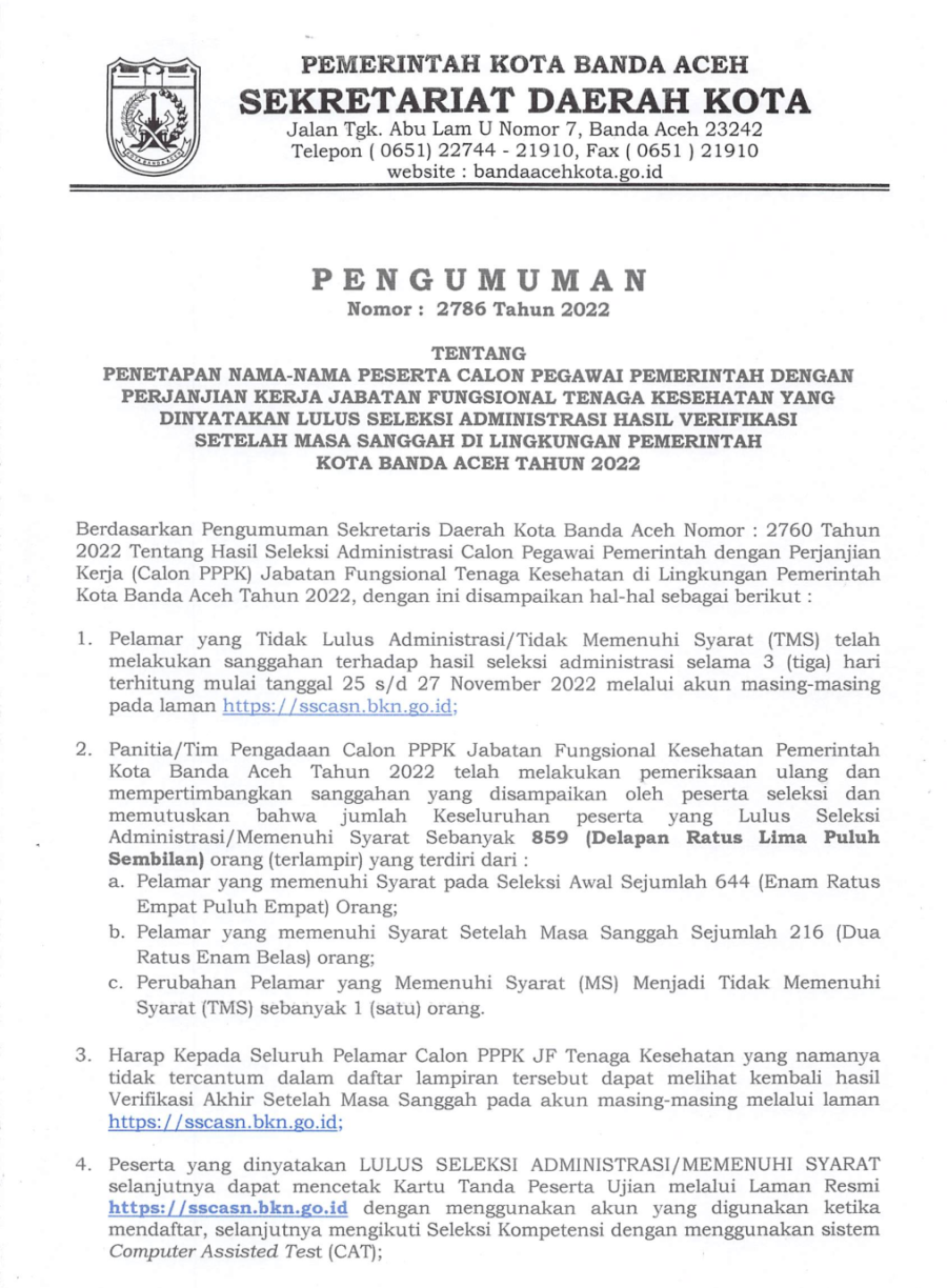 Pengumuman Hasil Seleksi Administrasi Pasca Sanggah Calon PPPK Tenaga Kesehatan Kota Banda Aceh ...