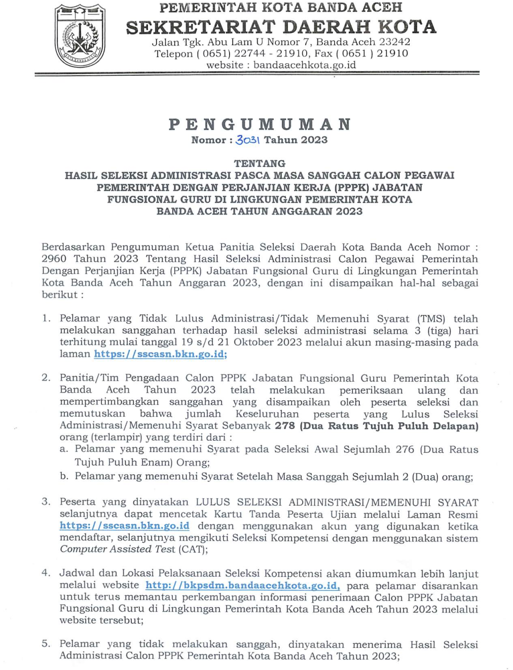 Hasil Seleksi ADM Pasca Masa Sanggah Calon PPPK JF Guru Pemko Banda Aceh TA. 2023 - Badan ...