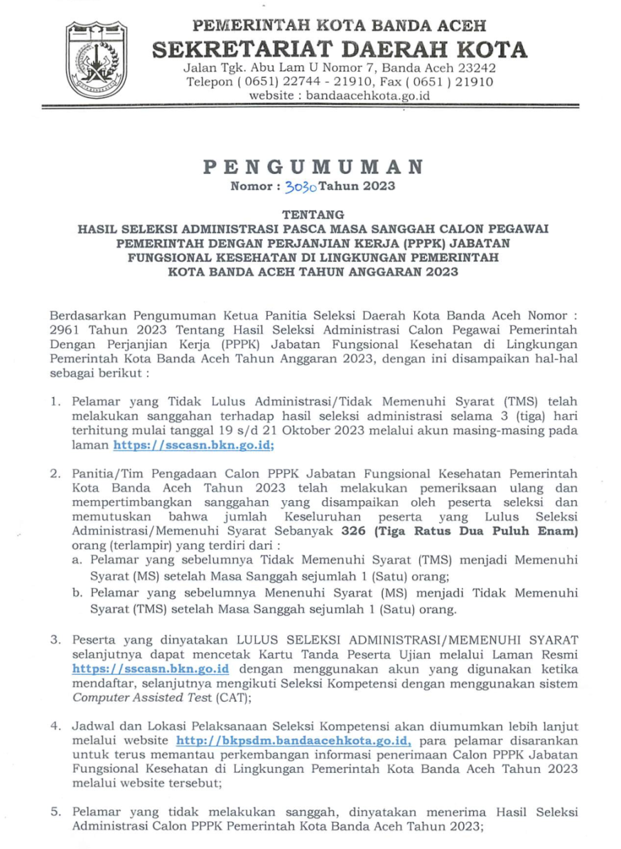 Hasil Seleksi ADM Pasca Masa Sanggah Calon PPPK JF Kesehatan Pemko Banda Aceh TA. 2023 - Badan ...