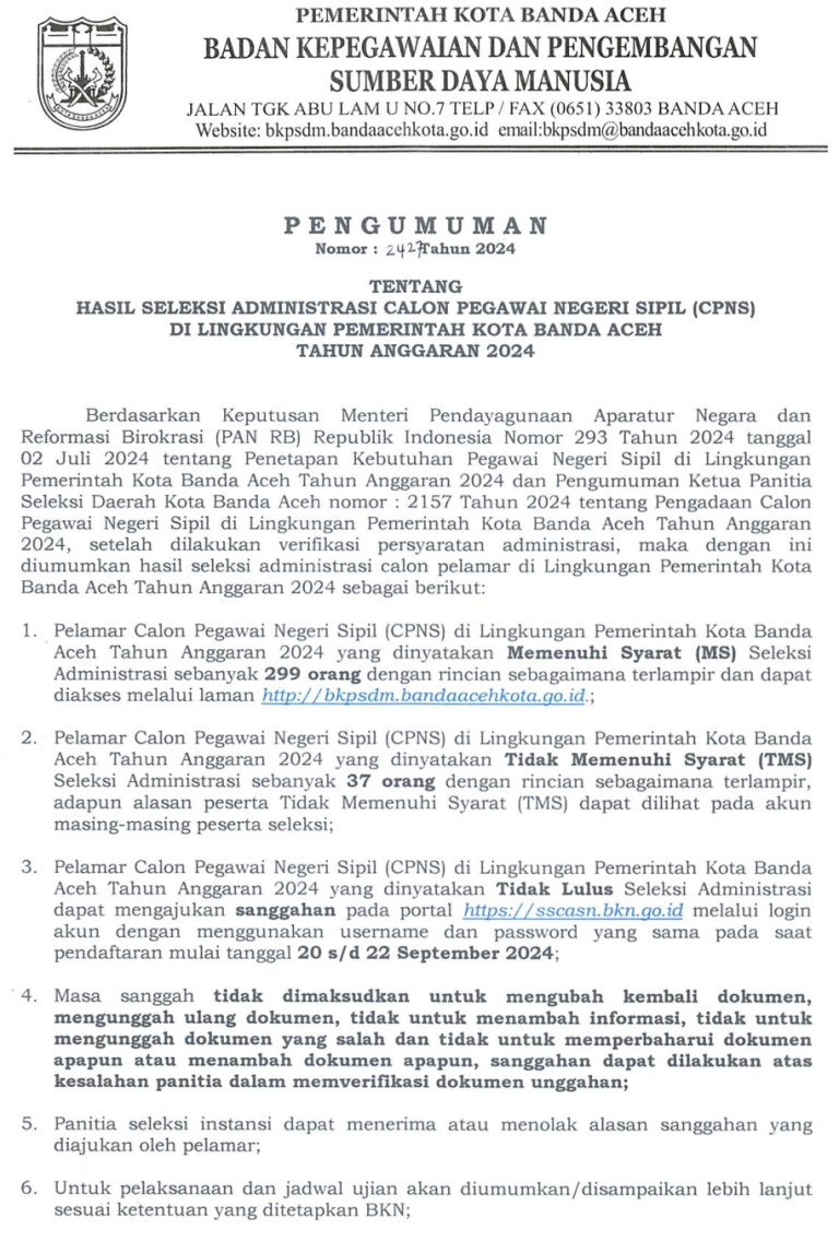 Pengumuman Hasil Seleksi Administrasi CPNS Pemko Banda Aceh TA 2024 - Badan Kepegawaian dan ...