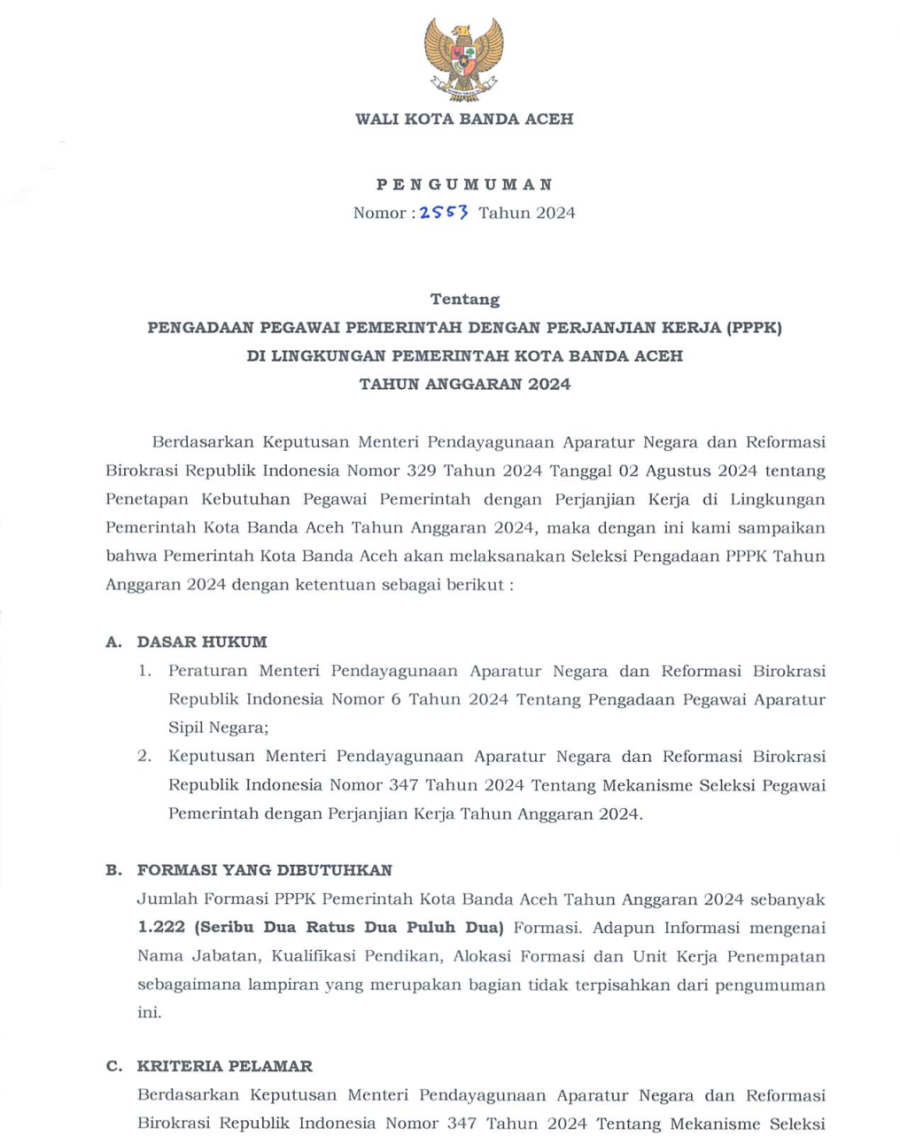 Pengumuman Pengadaan Pegawai PPPK Di Lingkungan Pemko Banda Aceh TA 2024 - Badan Kepegawaian dan ...