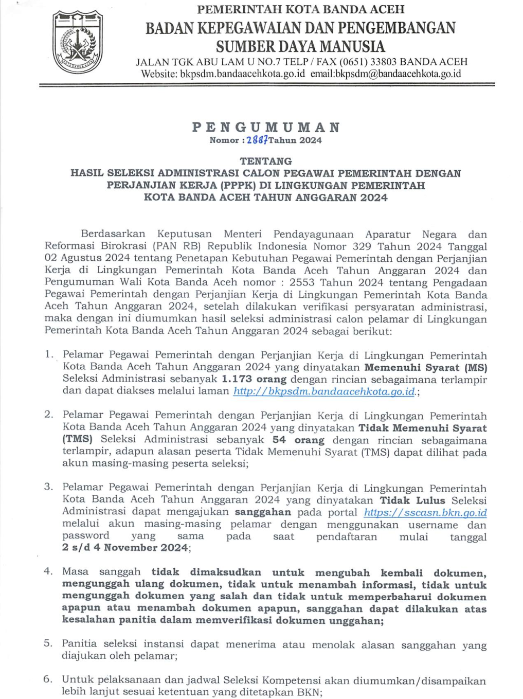 Pengumuman Hasil Seleksi ADM PPPK Banda Aceh Pra Sanggah TA 2024 ... Pengumuman Hasil Seleksi ADM PPPK Banda Aceh Pra Sanggah TA 2024 ...