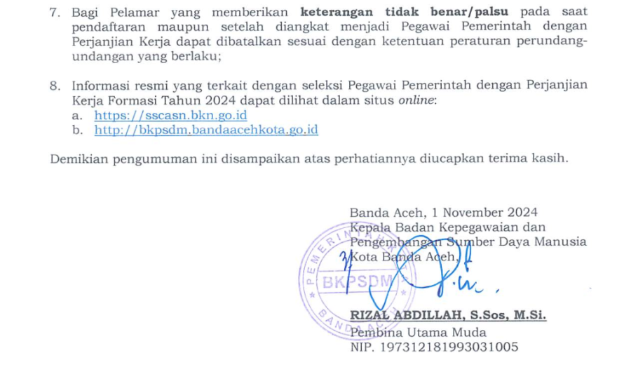 Pengumuman Hasil Seleksi ADM PPPK Banda Aceh Pra Sanggah TA 2024 ... Pengumuman Hasil Seleksi ADM PPPK Banda Aceh Pra Sanggah TA 2024 ...