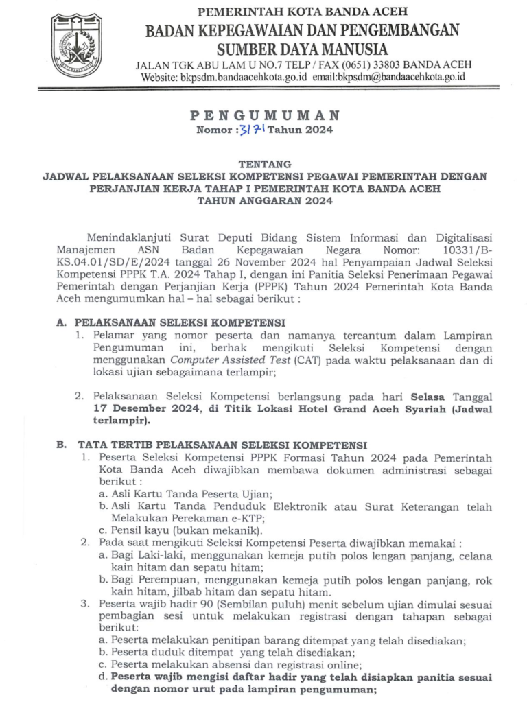 Jadwal Pelaksanaan Seleksi Kompetensi Pegawai Pemerintah Dengan Perjanjian Kerja Tahap I Pemko ...