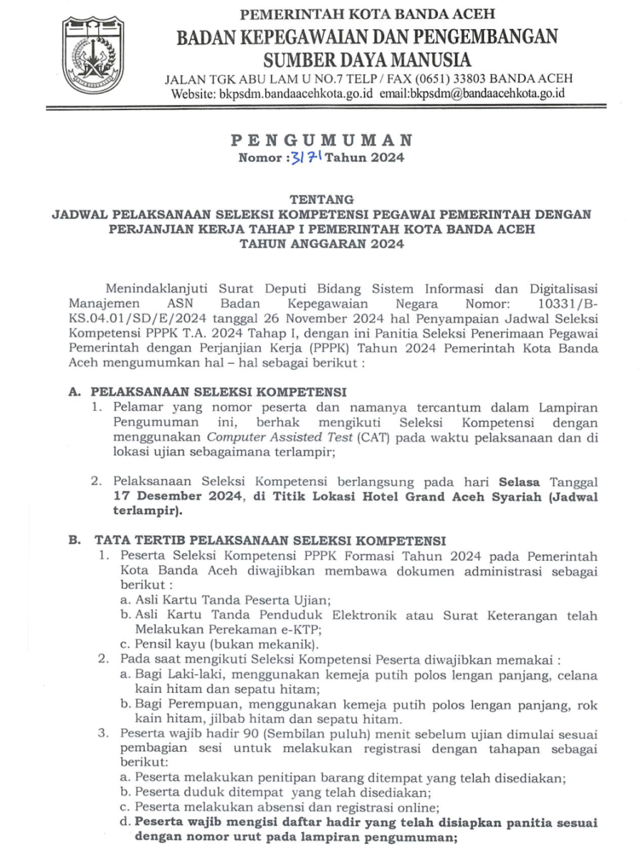 Jadwal Pelaksanaan Seleksi Kompetensi Pegawai Pemerintah Dengan Perjanjian Kerja Tahap I Pemko ...