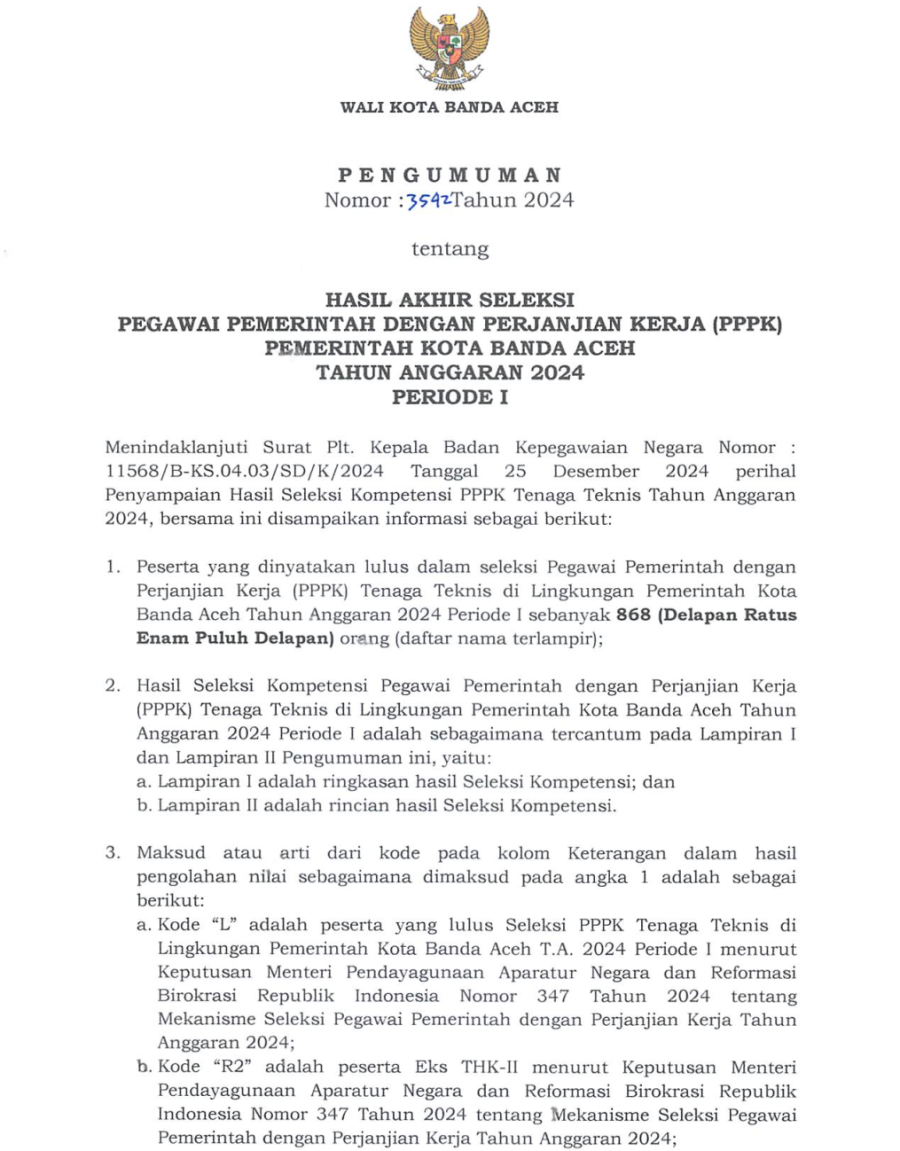 Hasil Akhir Seleksi Pegawai Pemerintah Dengan Perjanjian Kerja (PPPK) Pemko Banda Aceh TA 2024 ...