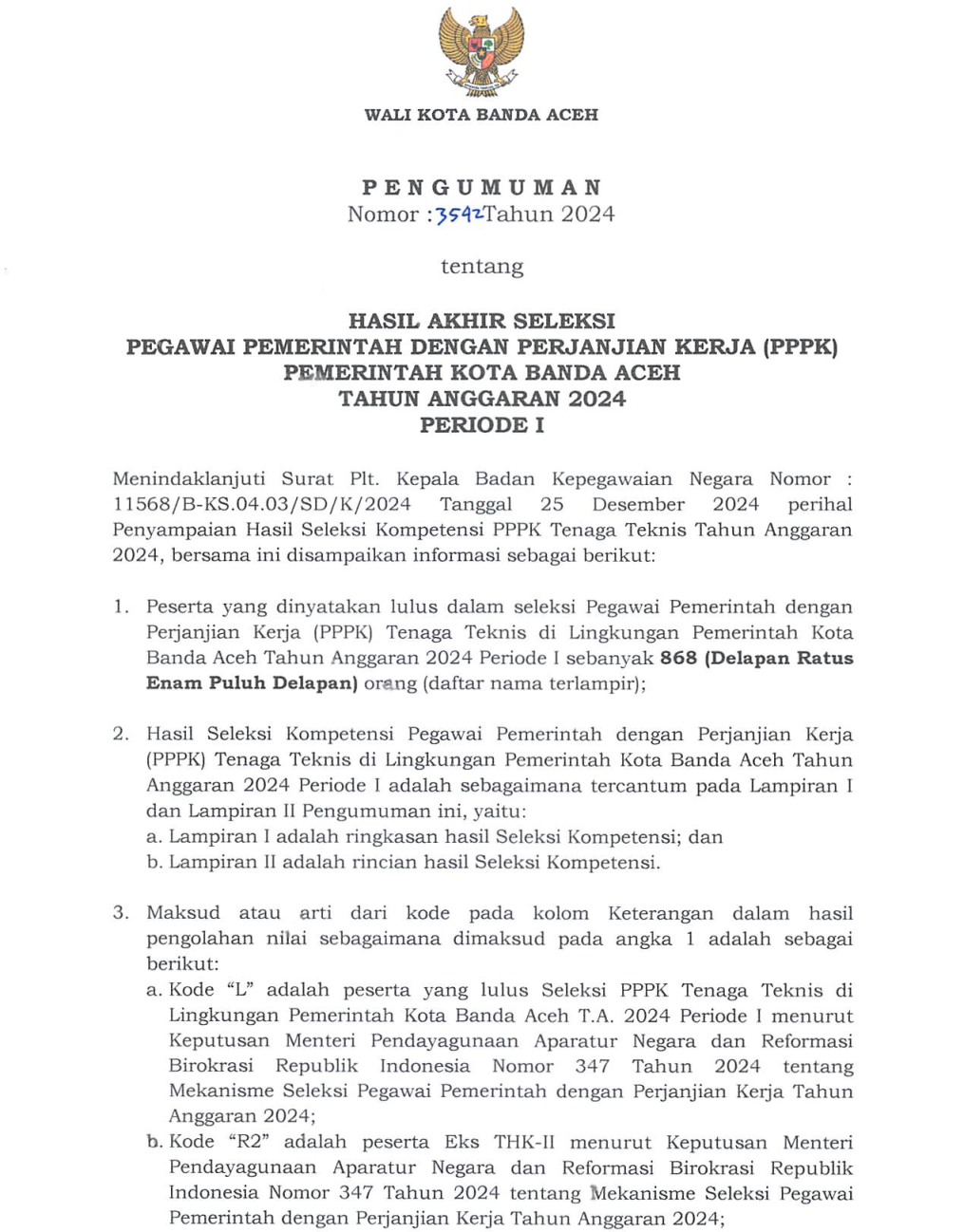 Hasil Akhir Seleksi Pegawai Pemerintah Dengan Perjanjian Kerja (PPPK) Pemko Banda Aceh TA 2024 ...