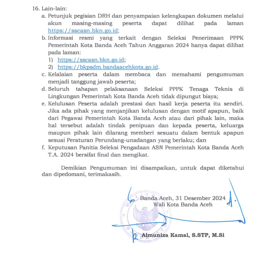 Hasil Akhir Seleksi Pegawai Pemerintah Dengan Perjanjian Kerja (PPPK) Pemko Banda Aceh TA 2024 ...