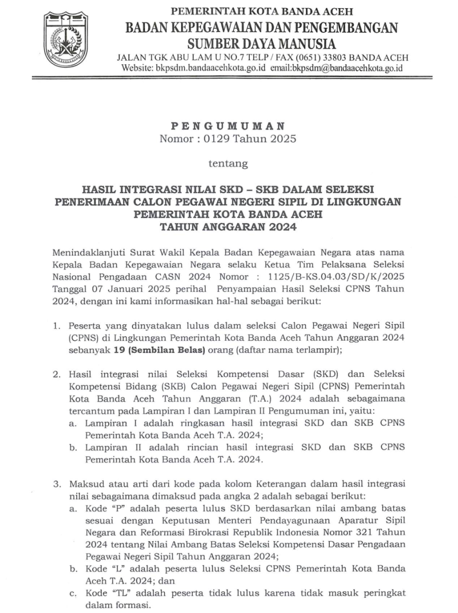 Pengumuman Hasil Akhir Seleksi CPNS Kota Banda Aceh Tahun 2024 Pra-Sanggah ~ SELEKSI CASN CPNS ...