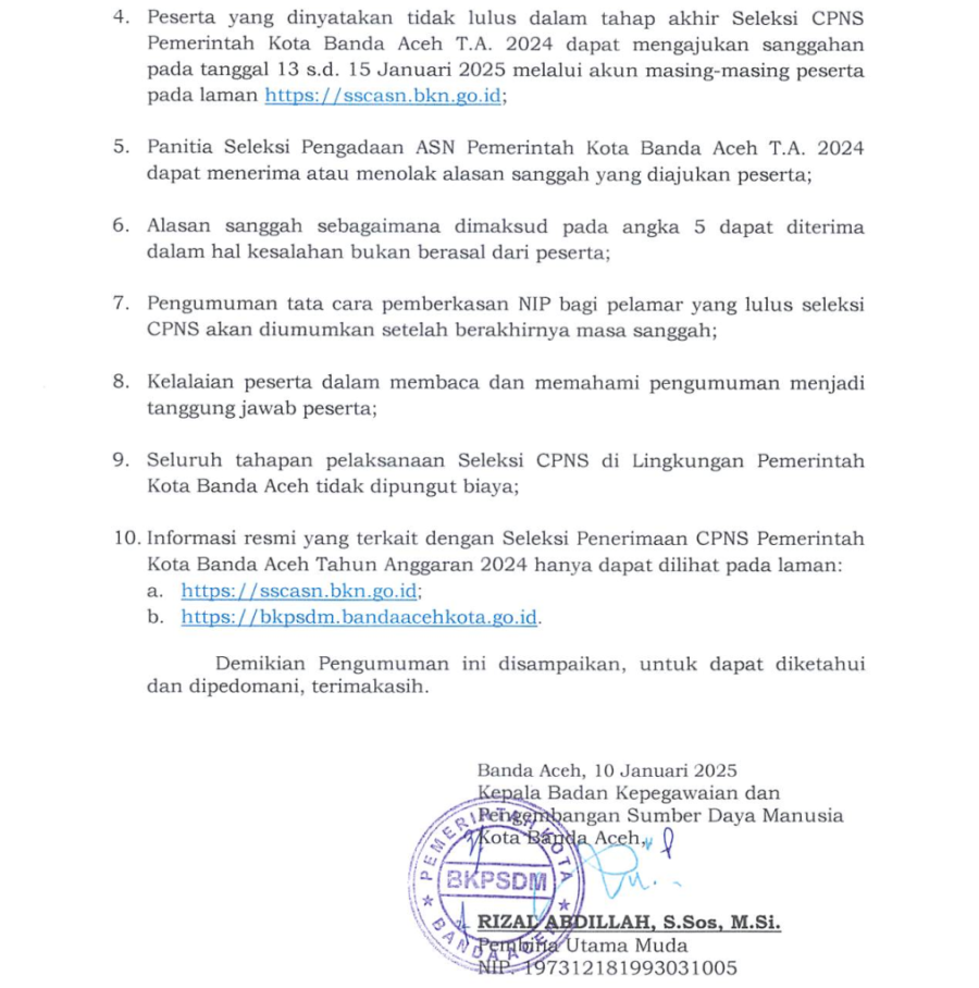 Pengumuman Hasil Akhir Seleksi CPNS Kota Banda Aceh Tahun 2024 Pra-Sanggah ~ SELEKSI CASN CPNS ...