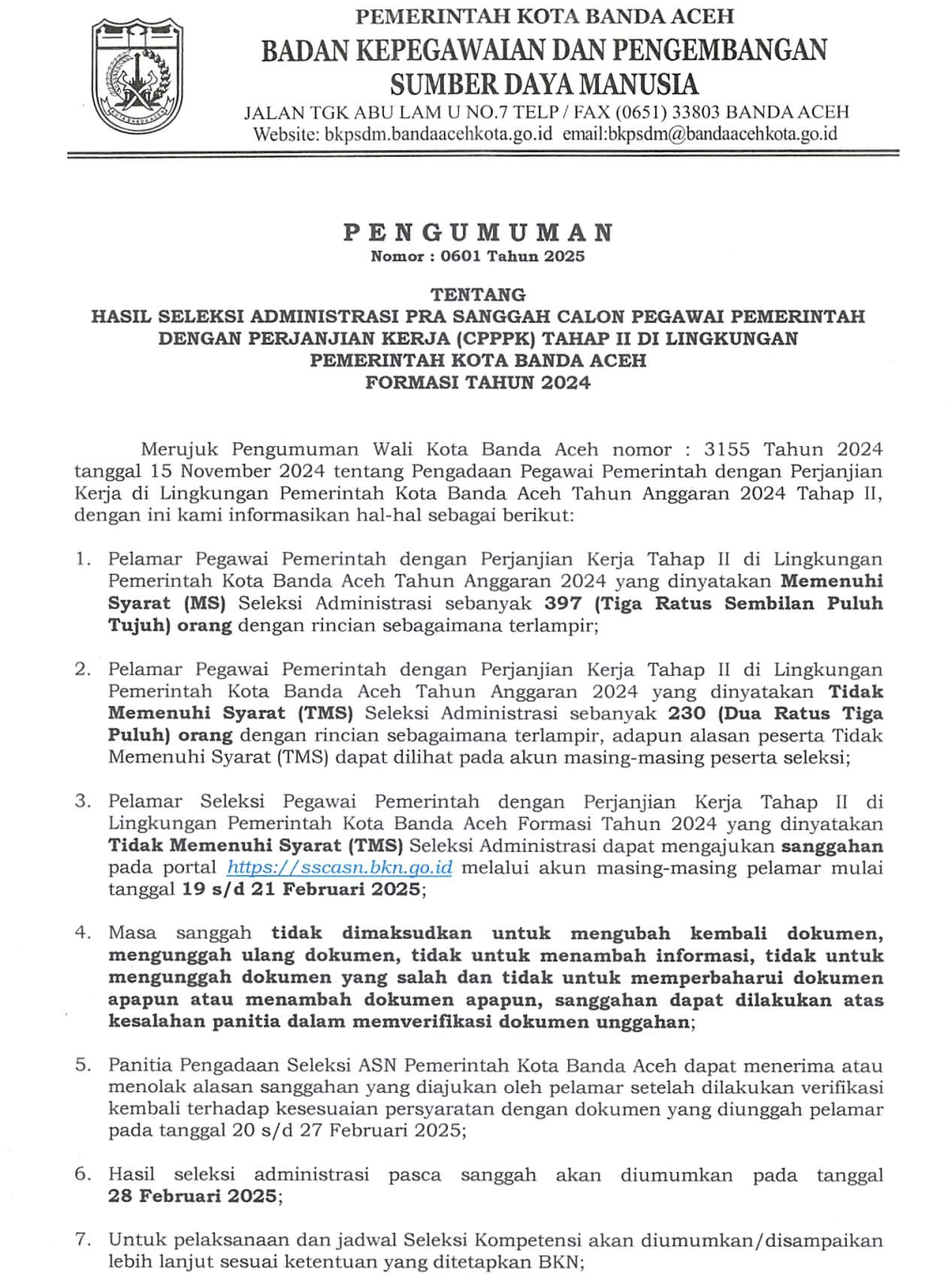 Hasil Seleksi Administrasi Pra Sanggah Calon PPPK Tahap II Pemko Banda Aceh Formasi Tahun 2024 ...